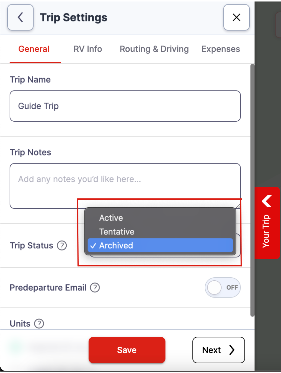 Changing the Trip Status – RV LIFE Resources & Support